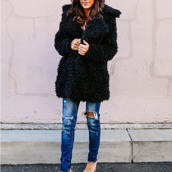 Jackets & Coats | Black Fuzzy Shaggy Warm Faux Fur Teddy Pea Coat ...